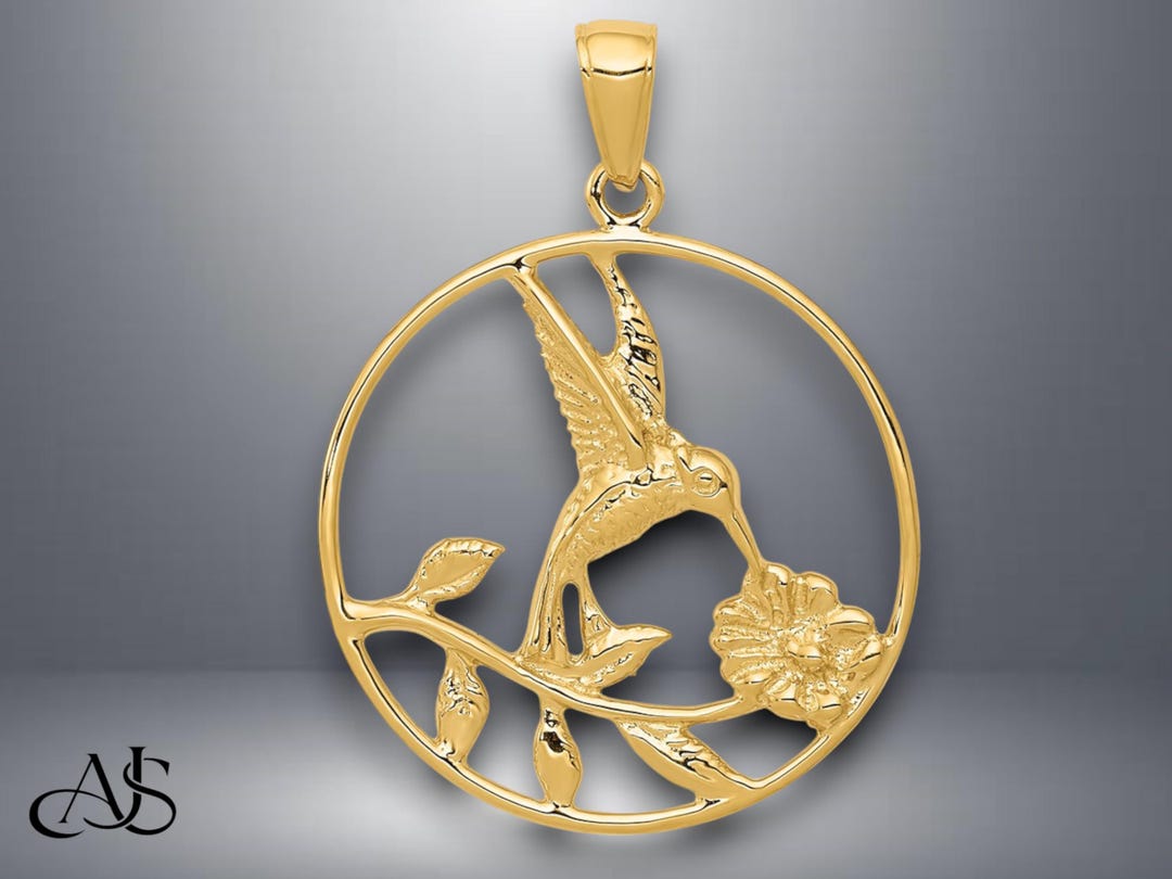 14K Yellow Gold Hummingbird in Round Frame Pendant With Necklace Chain ...