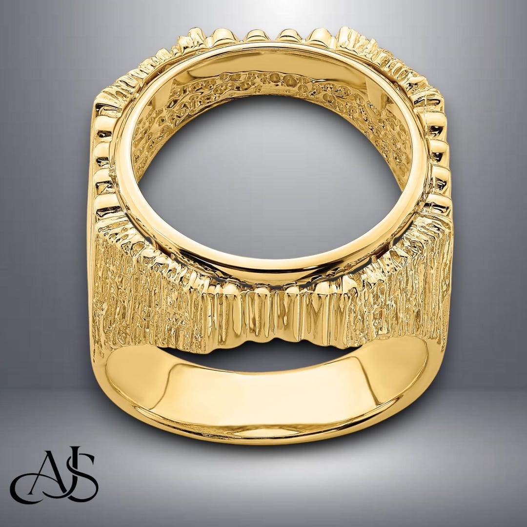 14K Gold Mans Coin Ring Fluted and Bark Textured Design for Old US 2.50 ...
