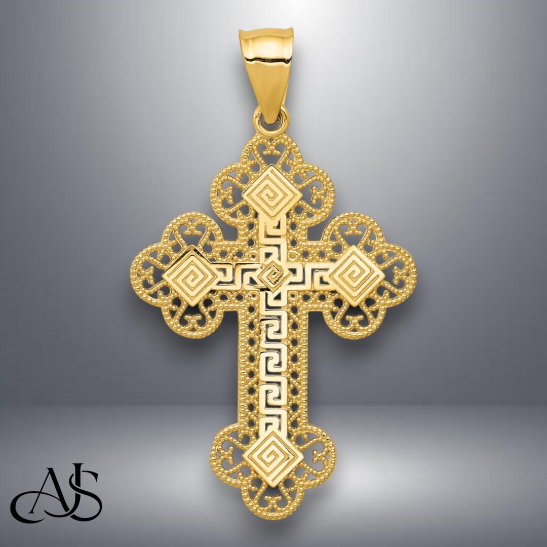 14K Yellow Gold Budded Greek Key Cross Pendant With Necklace Chain ...