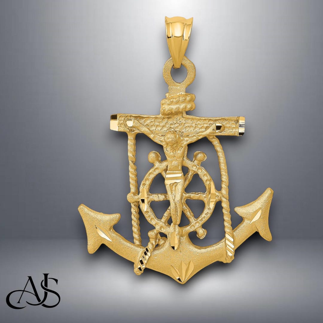 14K Yellow Gold Solid Mariners Cross Pendant With Chain Necklace ...