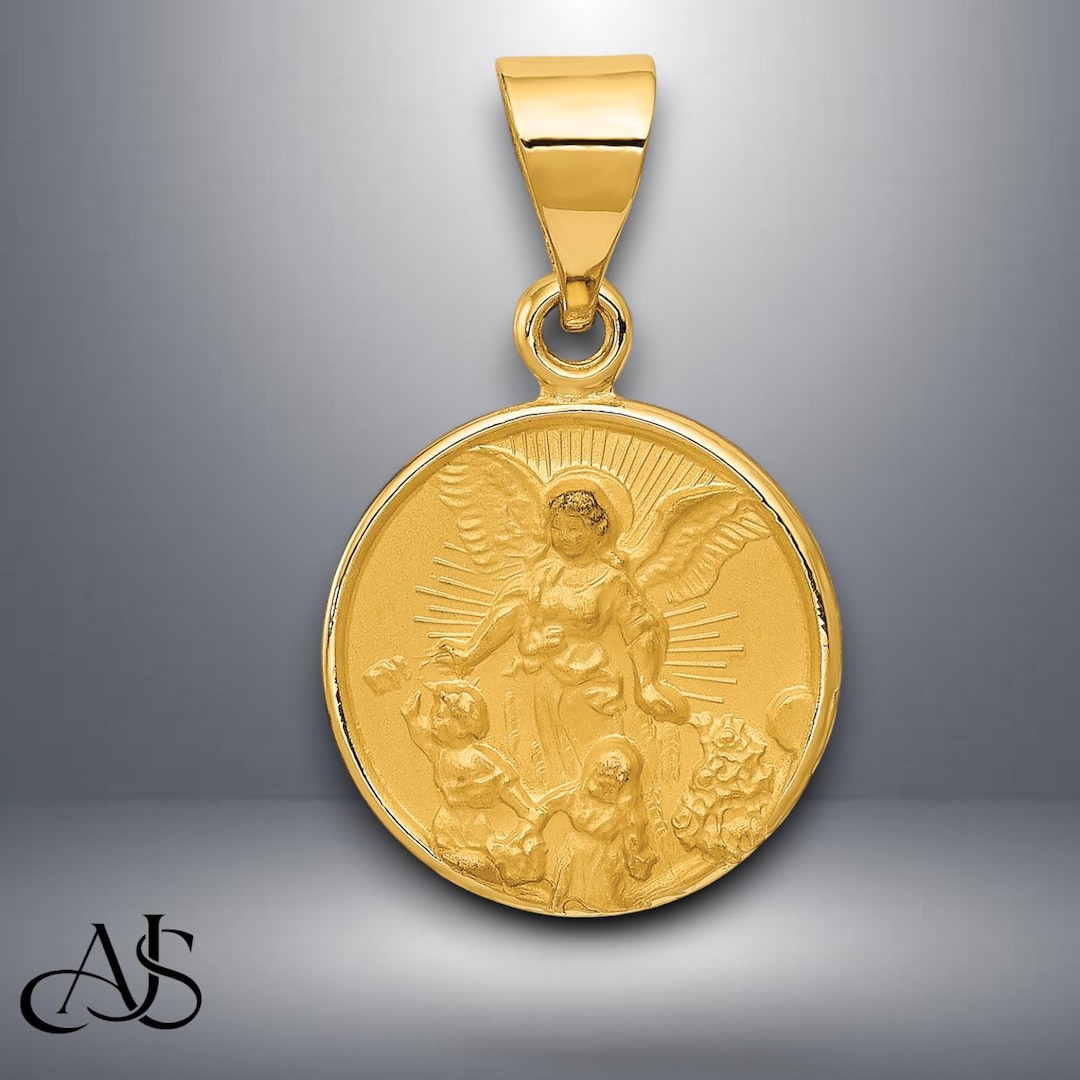 18K Yellow Gold Guardian Angel Medal Pendant With Chain Necklace ...