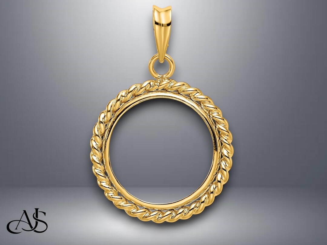 14K Gold Coin Bezel Frame Pendant Mounting - Twist Wire Border - Prong ...