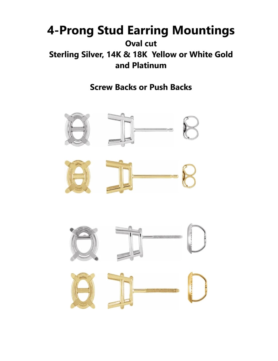14K Gold Oval Earring Mountings: 4-prong Setting, Screw or Push Backs ...