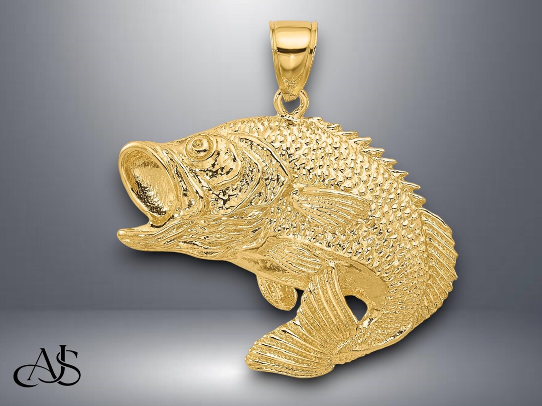 14K Yellow Gold 2-D Bass Fish Jumping Charm With Necklace Chain Options ...