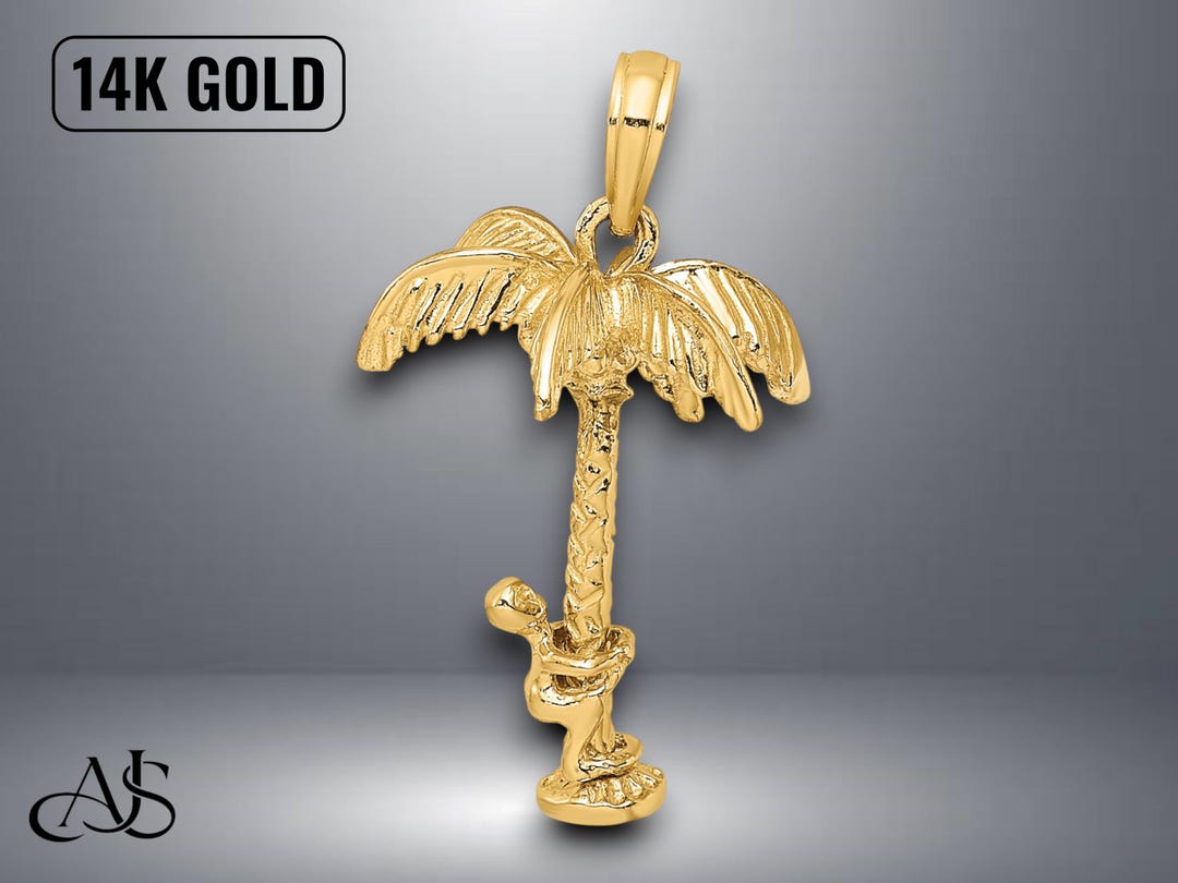 14K Yellow Gold 3-D Palm Tree and Moveable Man Charm With Necklace ...