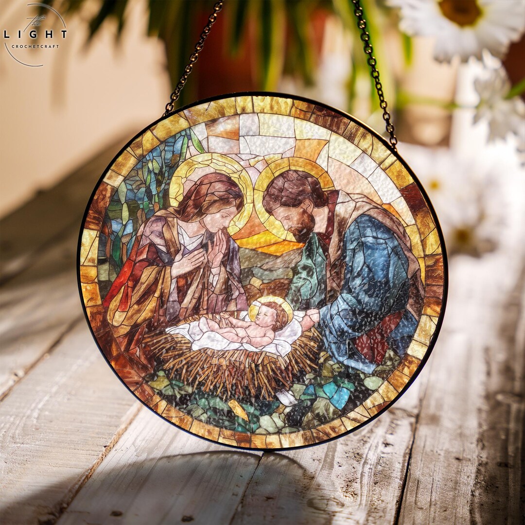 Nativity Scene Stained Glass Suncatcher, Colorful Christmas Stained ...