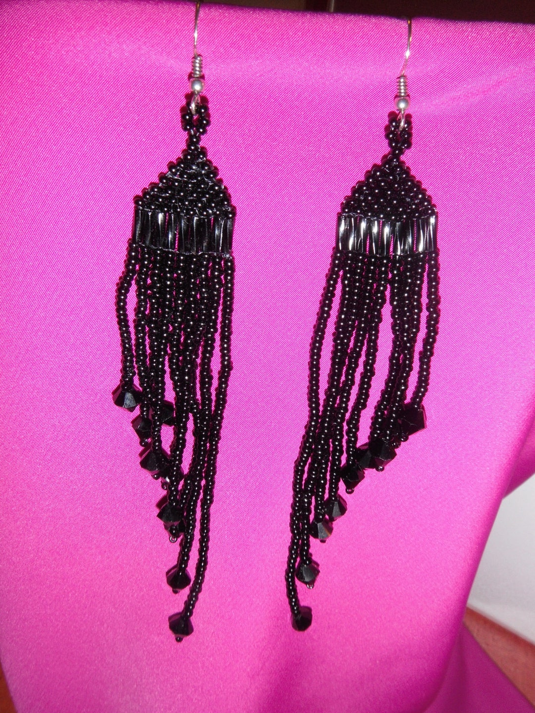 Long Black Seed Bead Taper Handmade Earrings - Etsy