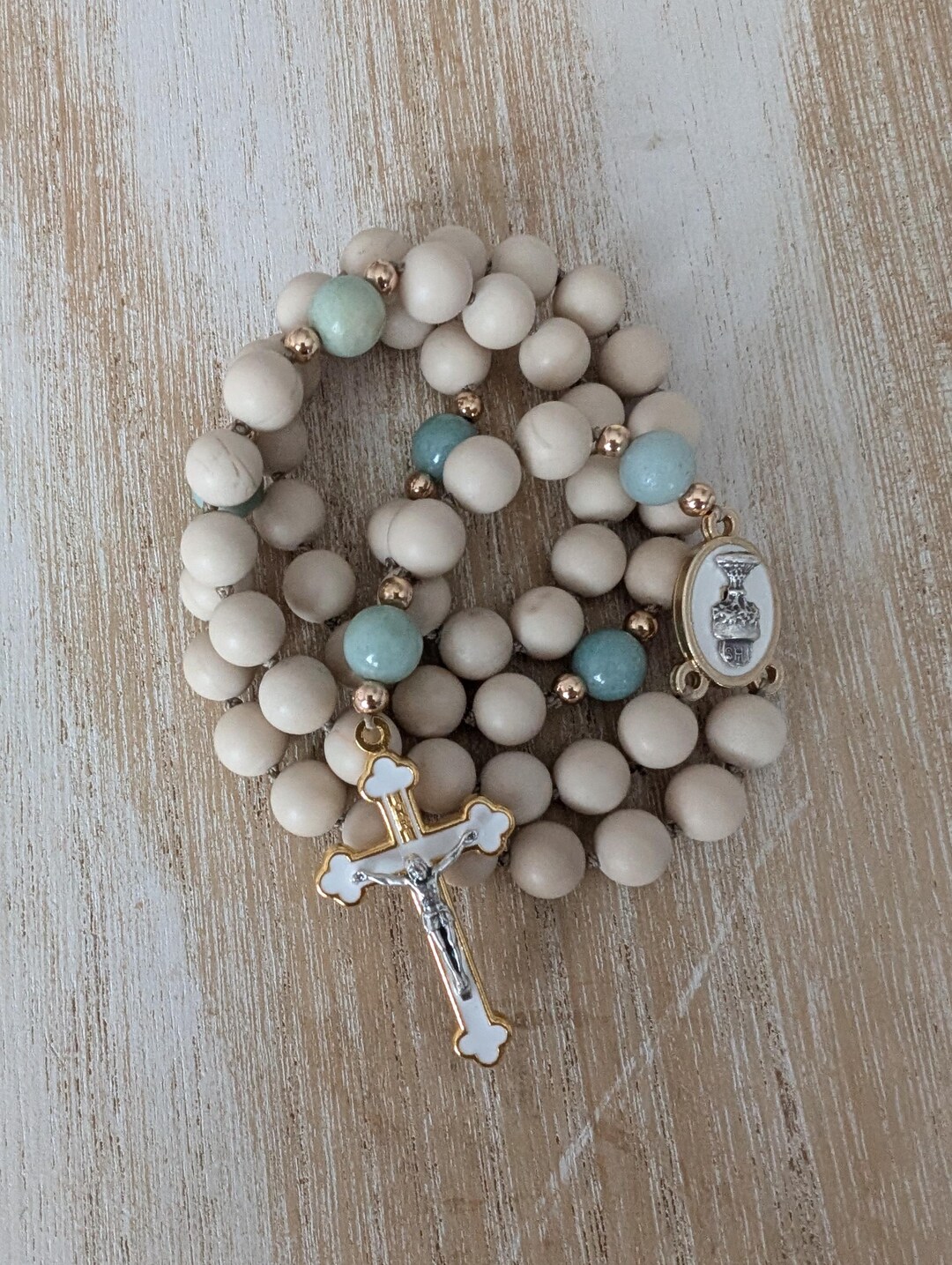 First Communion Rosary for Boys, Jasper Stone Beads With Blue Accents ...