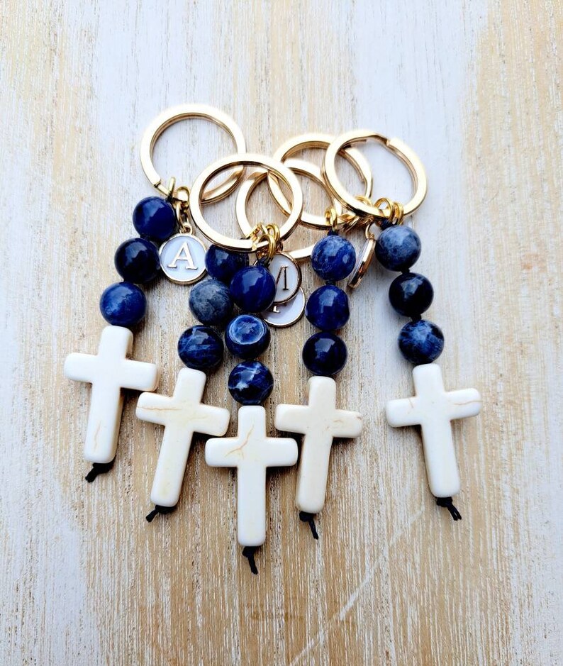 Personalized Cross Keychain With Blue Beads, Monogram Charm, Christian ...