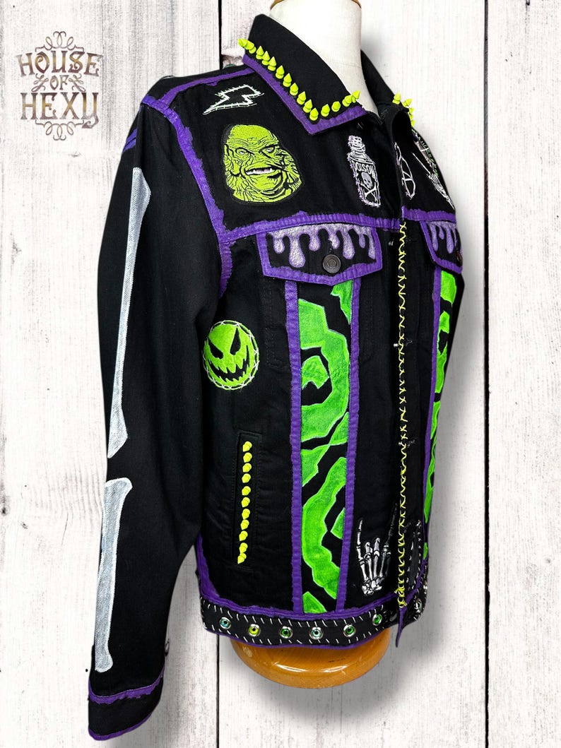Hand Painted Gothic Denim Jacket: Cosmic Horror, Neon Spikes, XS - Etsy