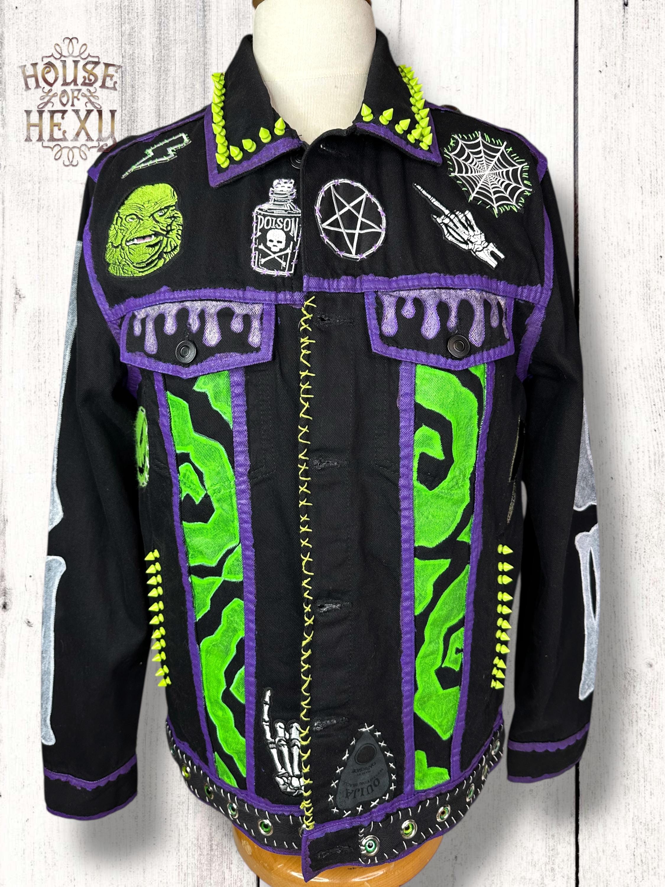 House of Hexy Hand Painted Cosmic Horror Denim Jacket: Neon, Ghouls ...