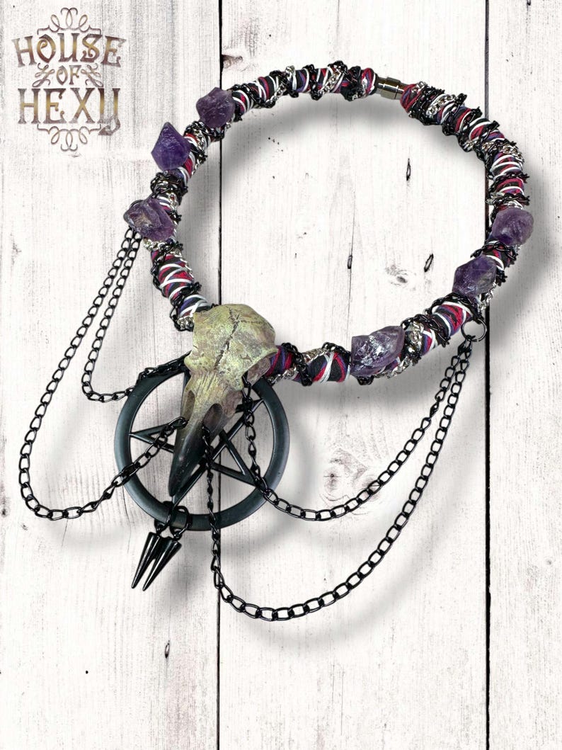 House of Hexy Raven Skull Pentagram Choker Gothic Witch Pendant, Spikes ...
