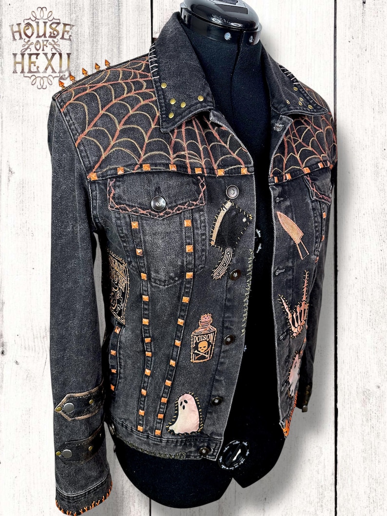 House of Hexy Hand Painted Horror Denim Jacket: Goth Rockabilly Studded ...