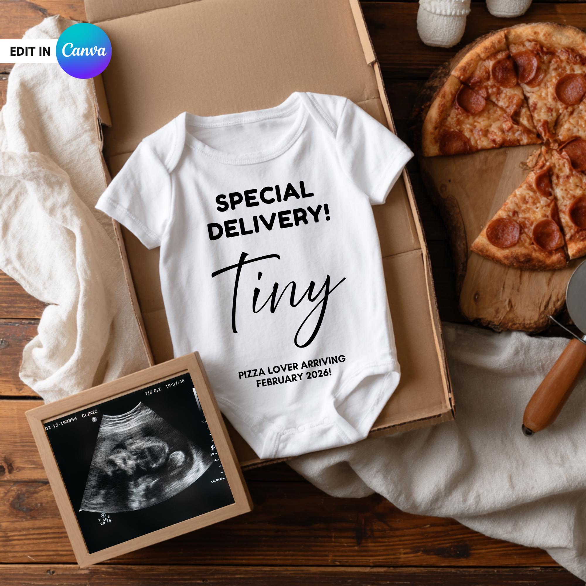 Pizza Pregnancy Reveal Canva Template, Pizza Pregnancy Announcement ...