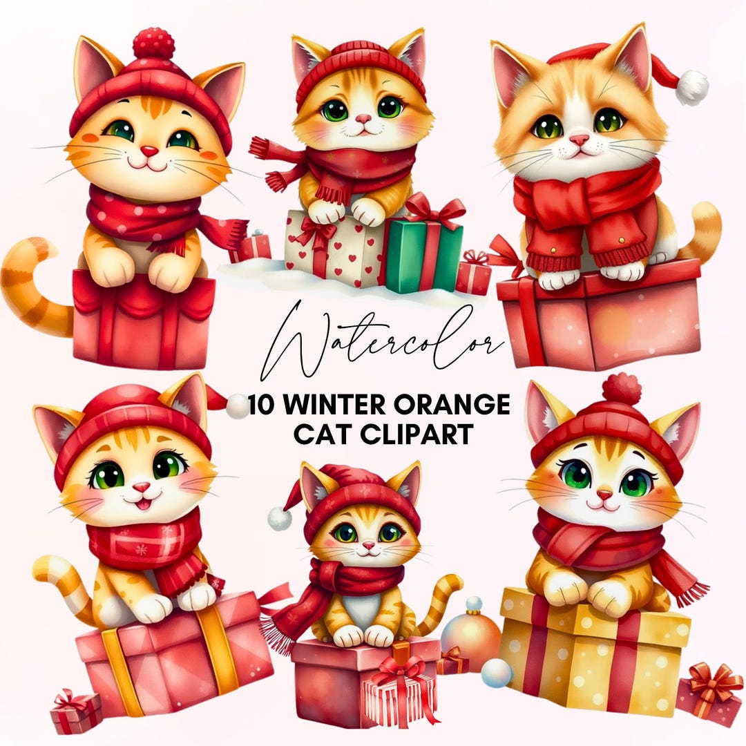 Winter Cat Clipart, Christmas Cat Svg, Orange Cat Clipart, Quirky Cat ...