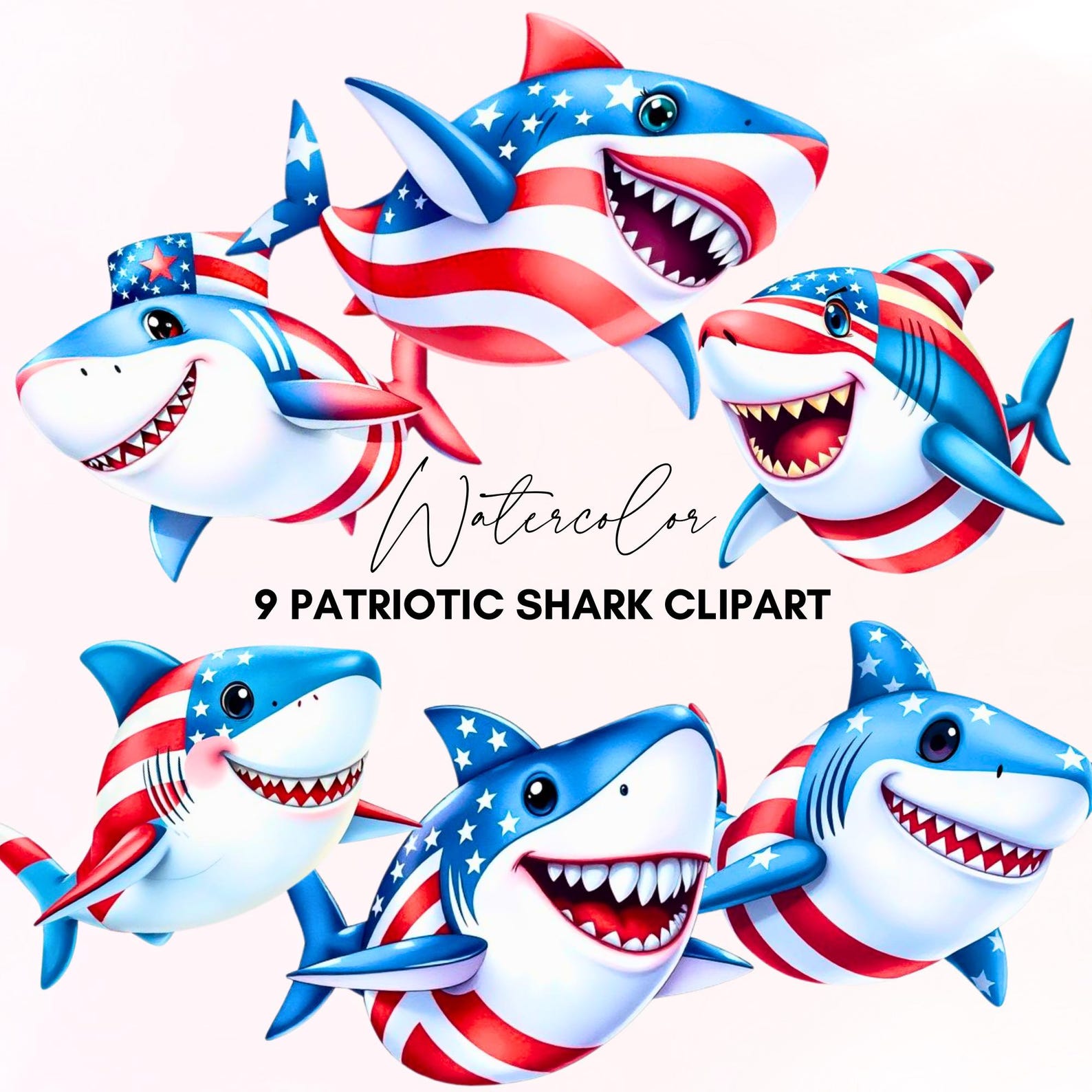 Patriotic Shark Clipart Bundle, 4th of July Shark PNG Bundle, 4th of ...