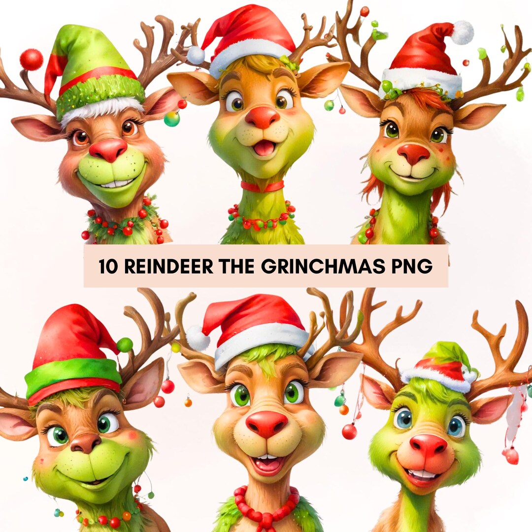 Quirky Reindeer Merry Grinchmas Png Bundle, Reindeer Grinch Face ...