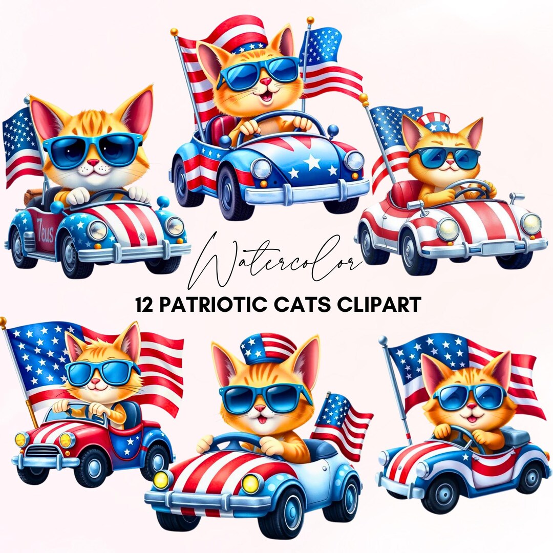 Patriotic Cat Clipart, Cartoon Animal Png, 4th of July Cat Clipart ...