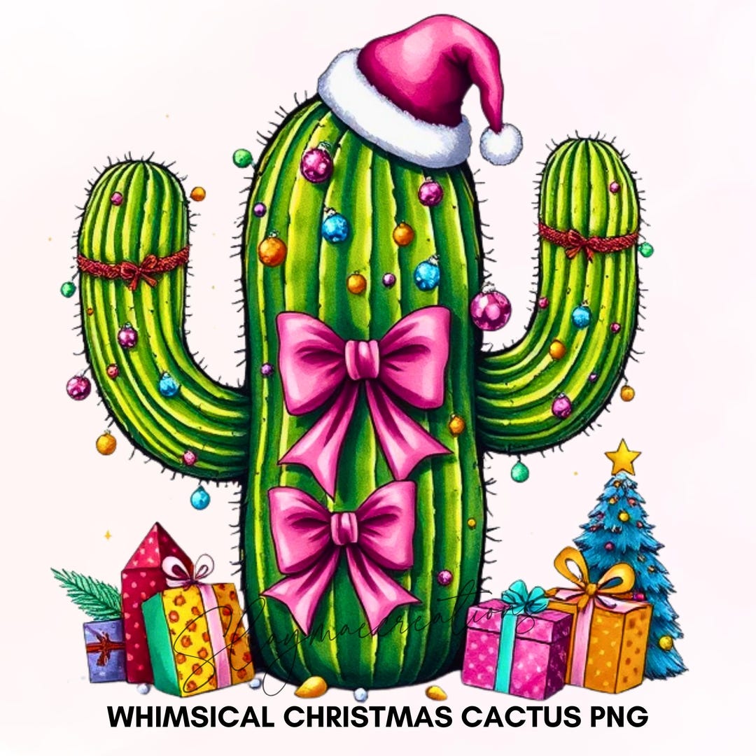 Pink Bow Christmas Cactus Clipart, Cactus Svg, Whimsical Cactus Clipart ...