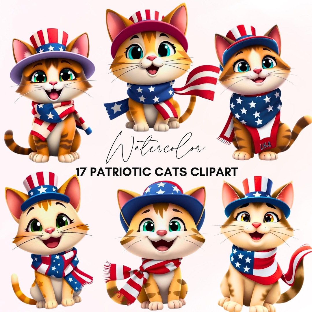 4th of July Cat Clipart, Cat Cartoon Animal Png, Patriotic Cat Clipart ...
