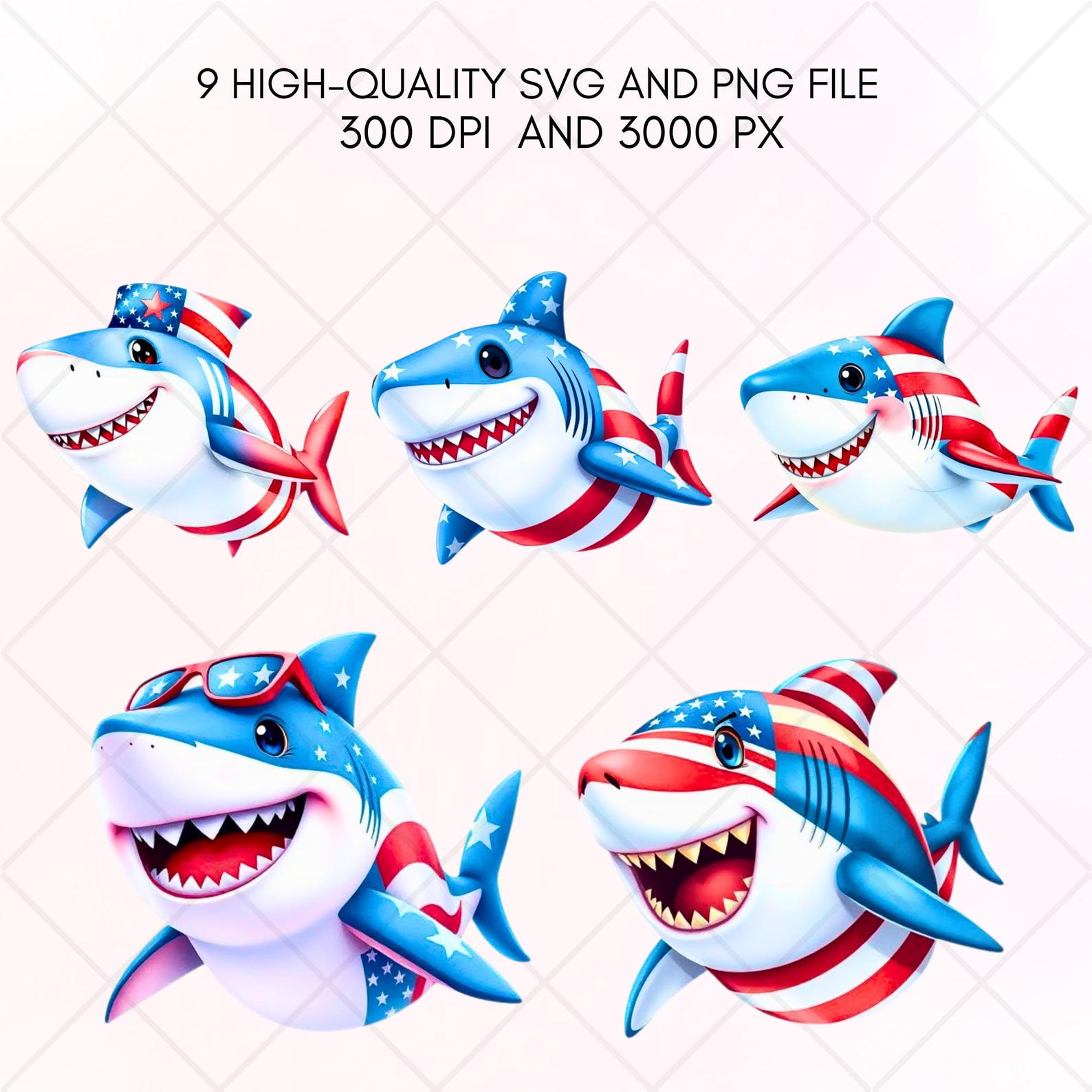 Patriotic Shark Clipart Bundle, 4th of July Shark PNG Bundle, 4th of ...