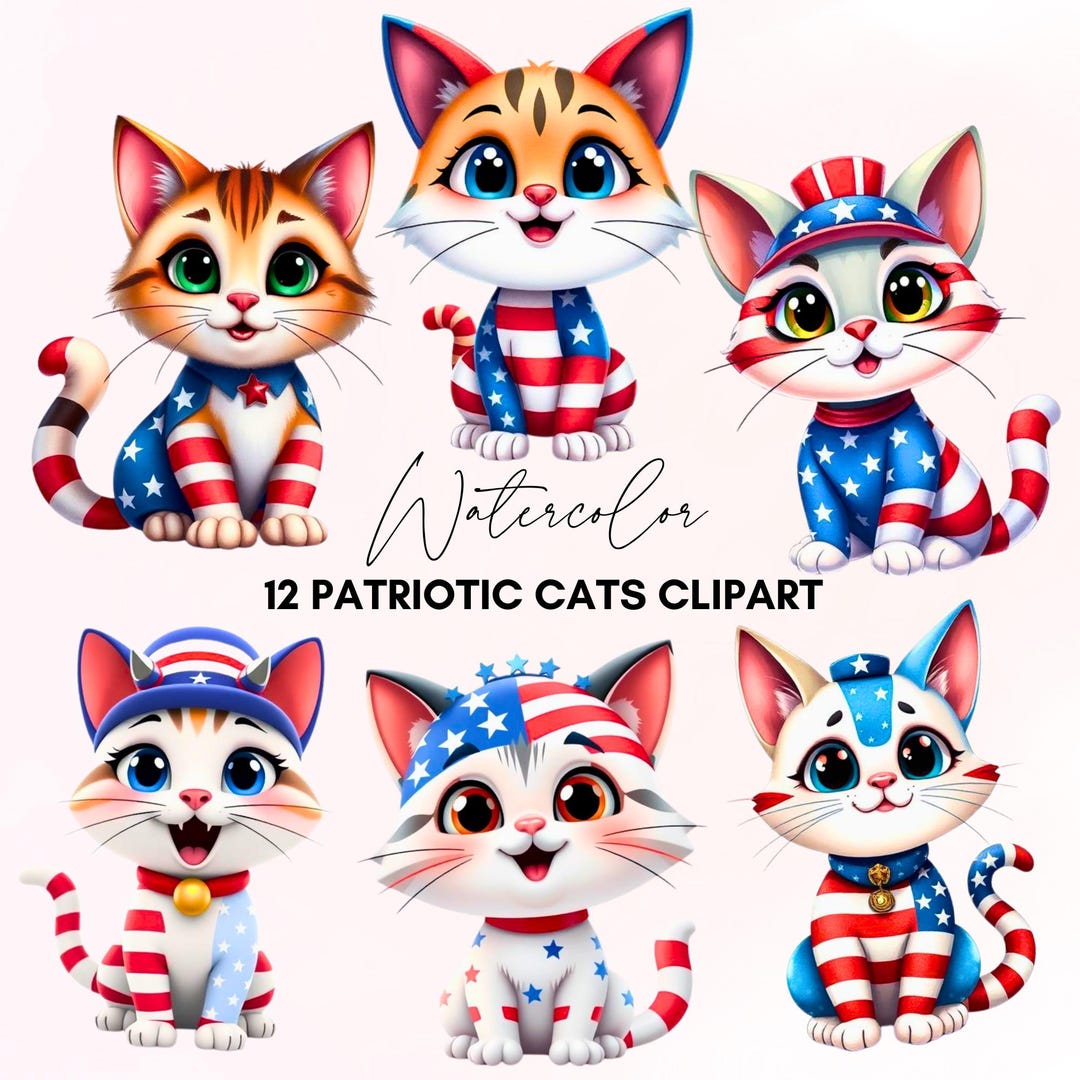 4th of July Cat Clipart, Patriotic Cat Clipart, Cartoon Animal Png ...