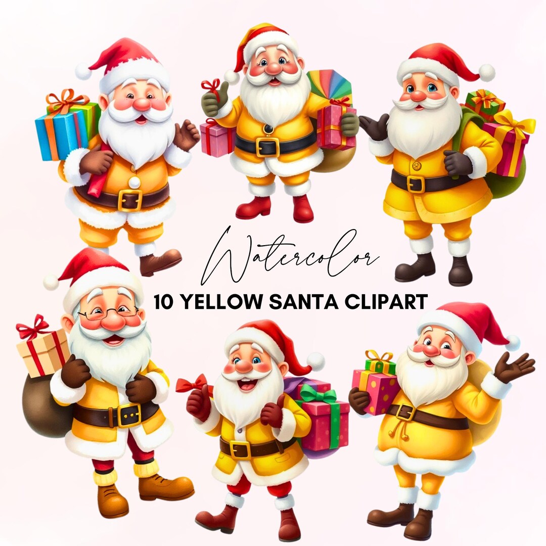 Yellow Santa Claus Png Clipart Bundle, Quirky Santa Claus, Watercolor ...
