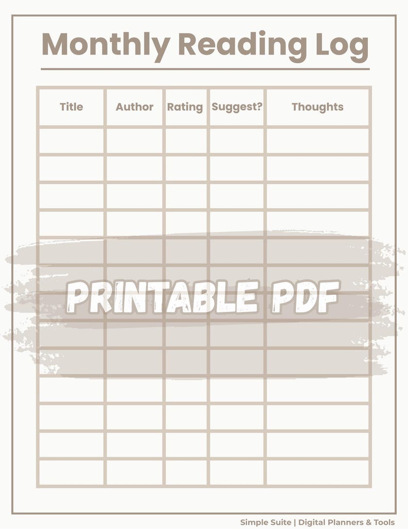 Monthly Reading Log | Printable Book Tracker PDF – Minimalist Beige & B ...