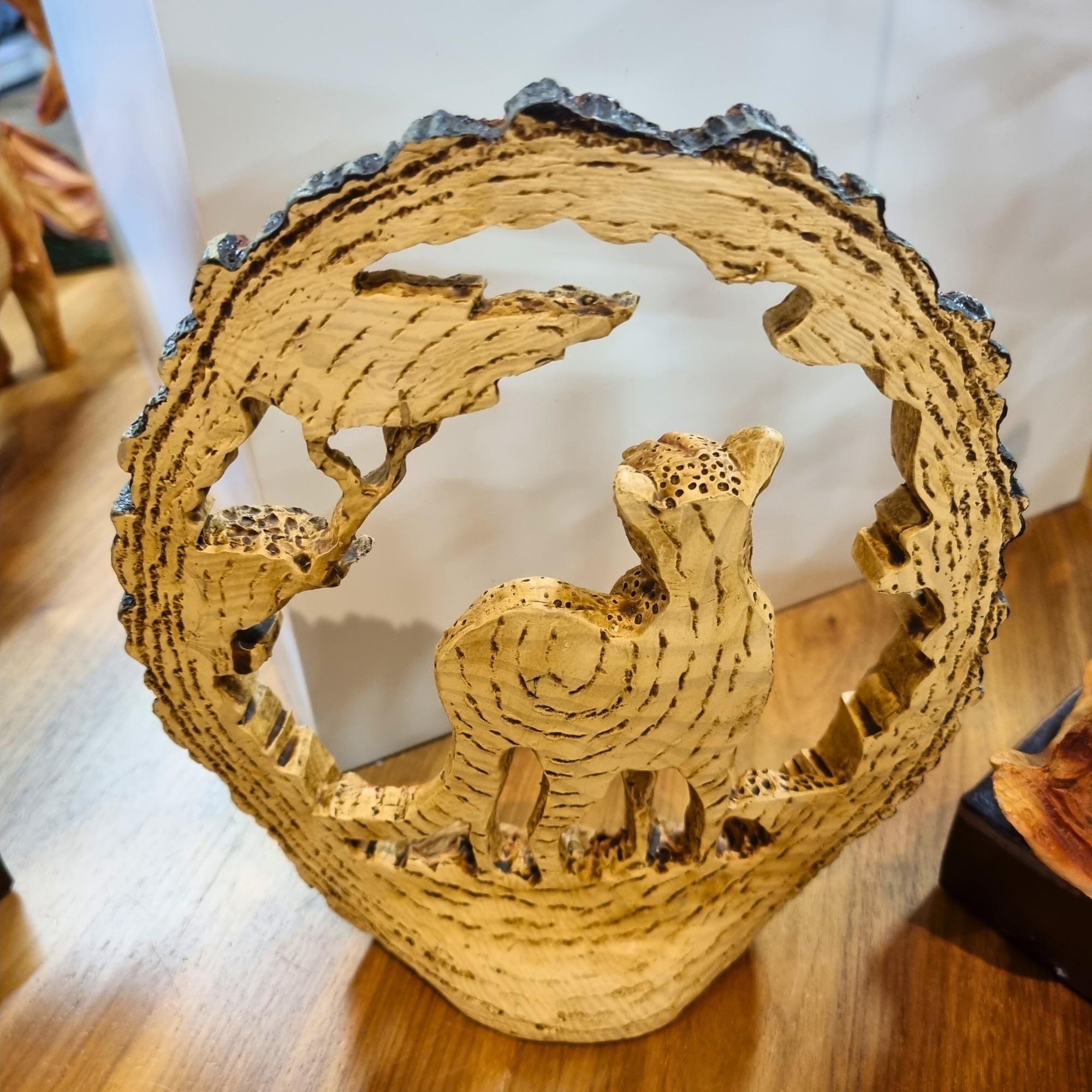Carved Wood-effect Safari Animals in Round Log, 19x20cm, 3 Decorative ...
