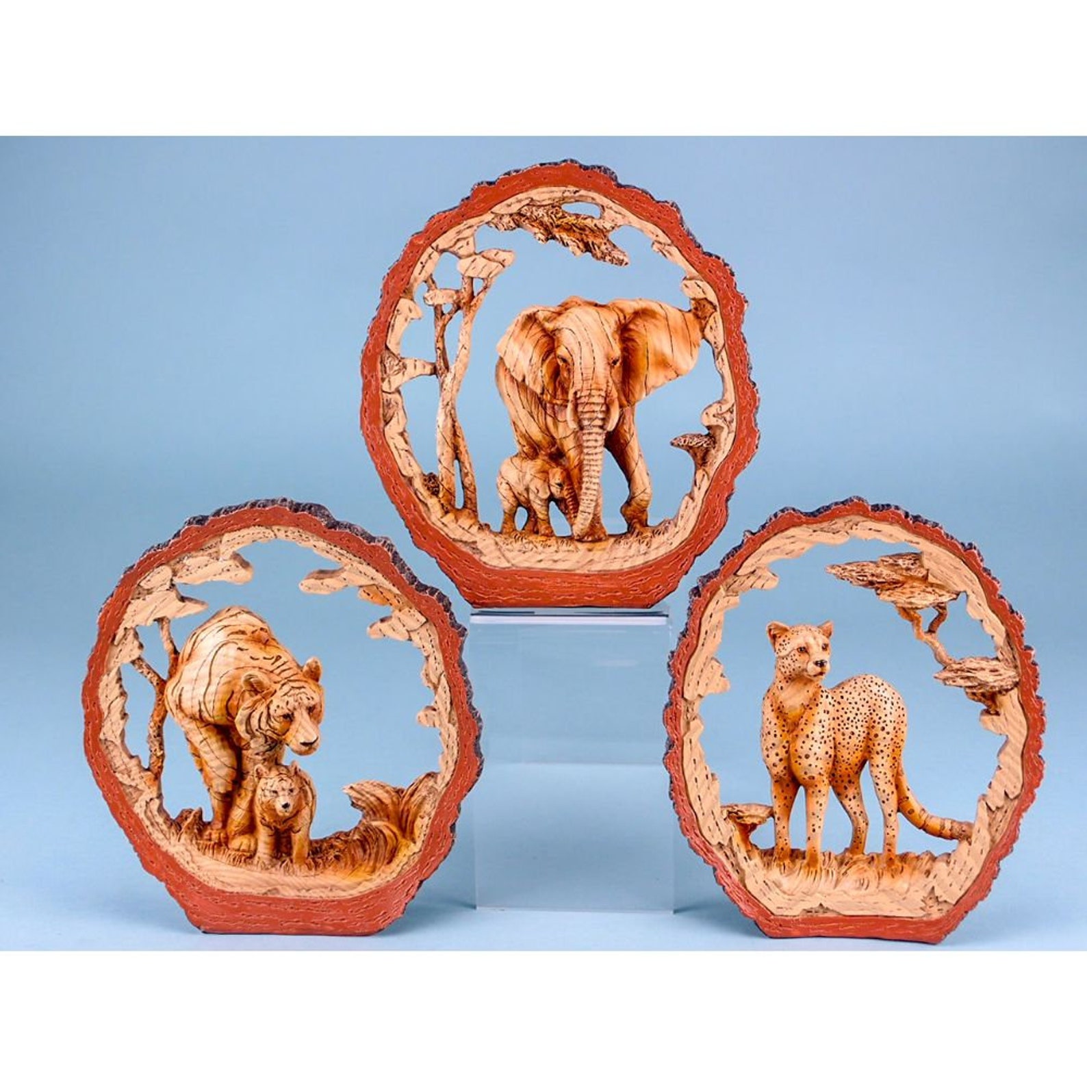 Carved Wood-effect Safari Animals in Round Log, 19x20cm, 3 Decorative ...