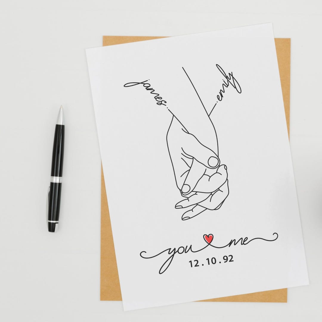 Custom Names Print Holding Hand Line Art, Personalized Couple Hands for ...