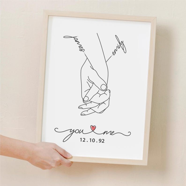 Personalized Holding Hands Line Art Print, Couple Names Anniversary ...