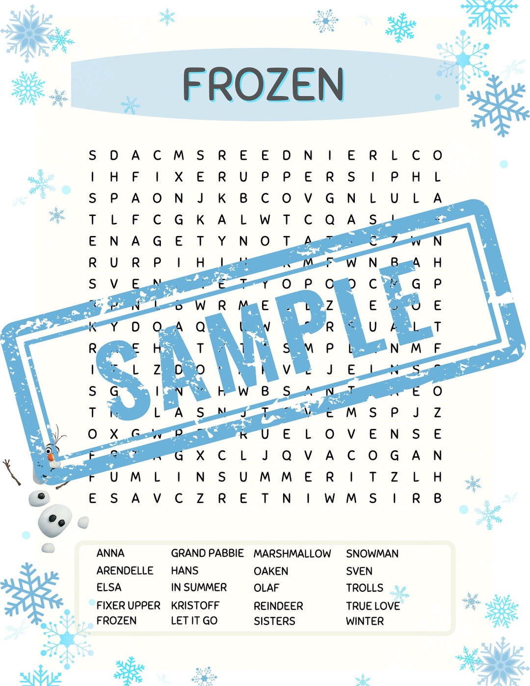 Frozen Word Search Puzzle - Etsy