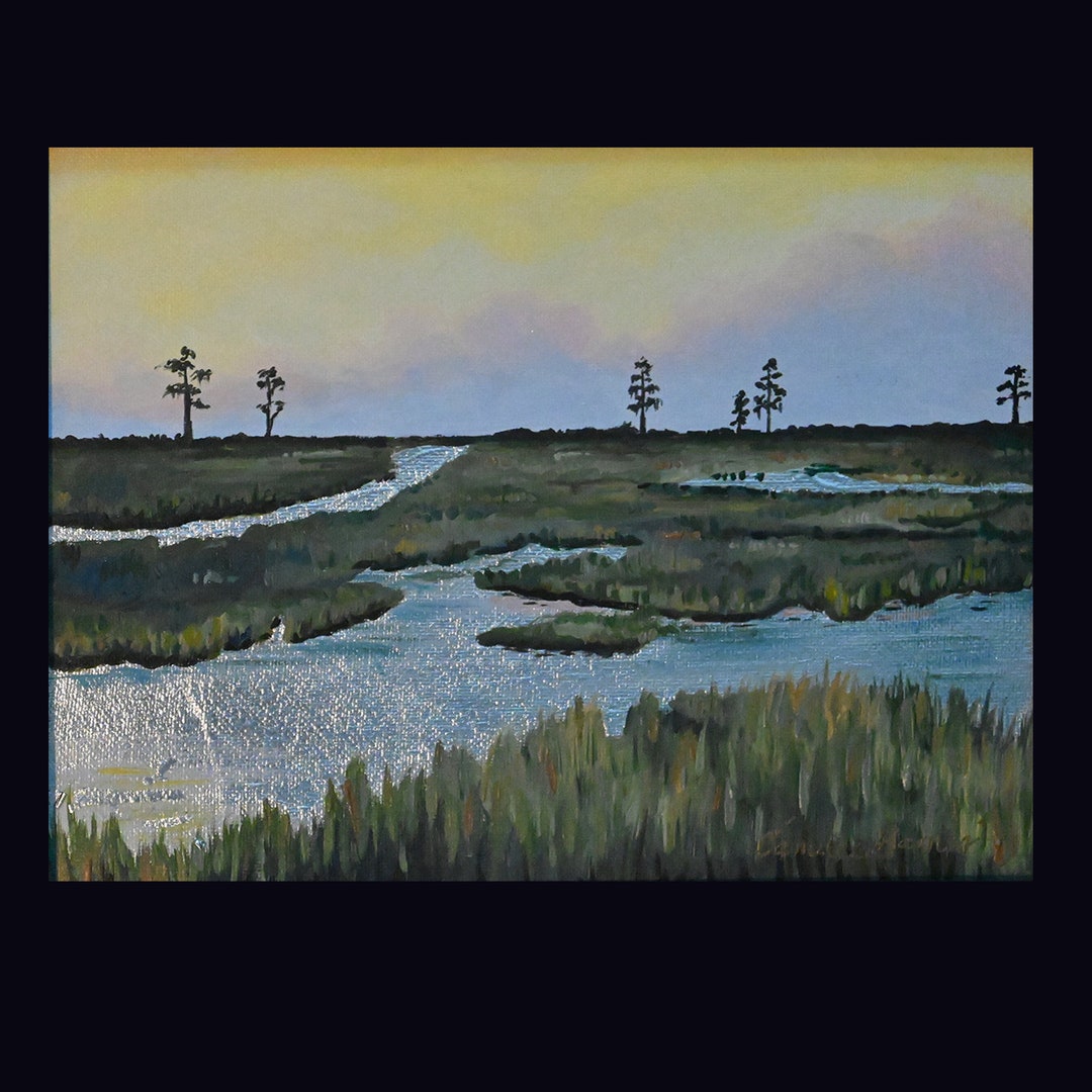 Sunset Bayou, Marsh Land, Original Oil Painting With Silver Leaf ...