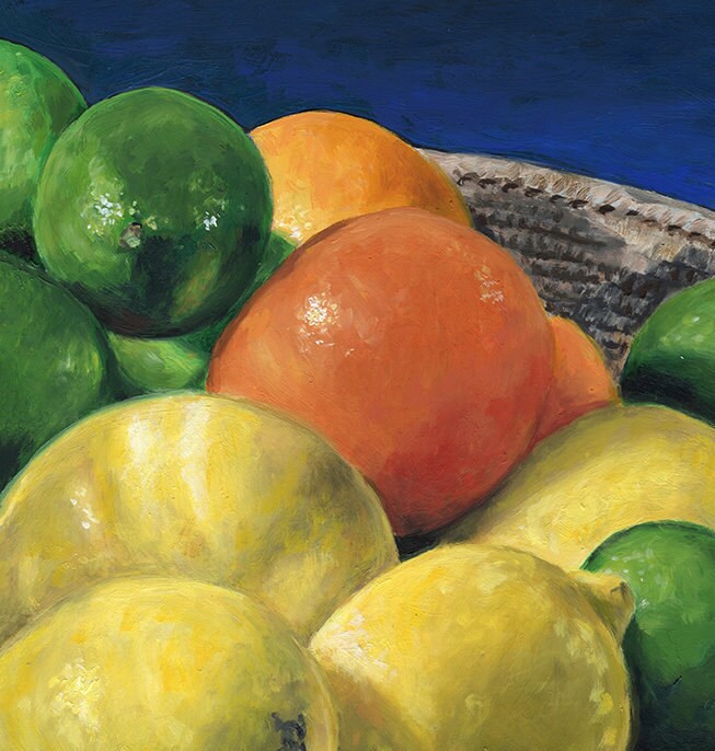Obstkorb, Obstkorb, Küchenkunst, Originalgemälde, Zitronen, Orangen ...