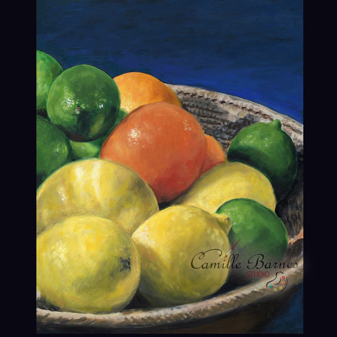 Obstkorb, Obstkorb, Küchenkunst, Originalgemälde, Zitronen, Orangen ...