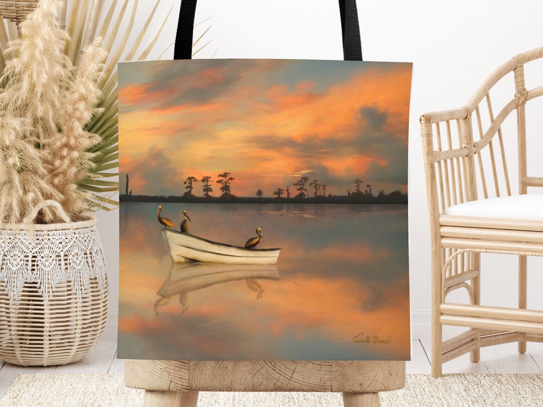 Tote Bag "restful Sunset" Bayou Sunset, Pelicans, Marshland, Waterway ...