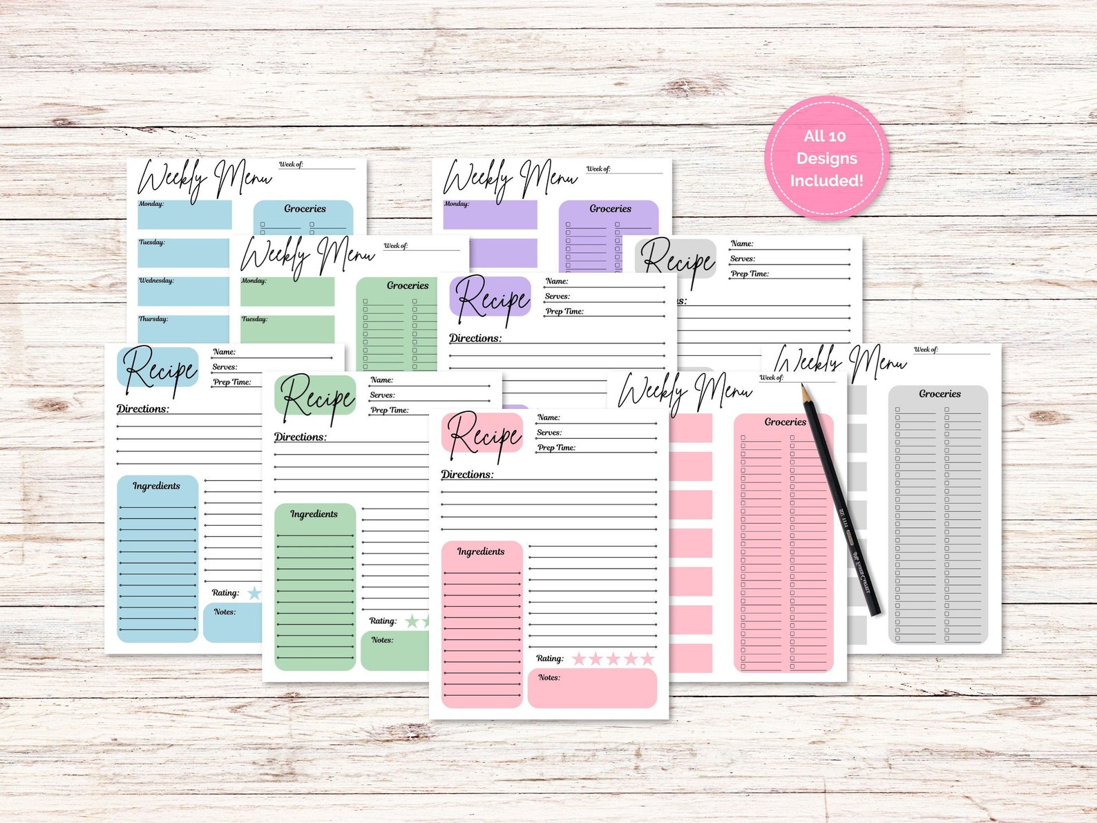 Weekly Menu and Recipe Sheet Bundle | Weekly Meal Planner Bundle ...