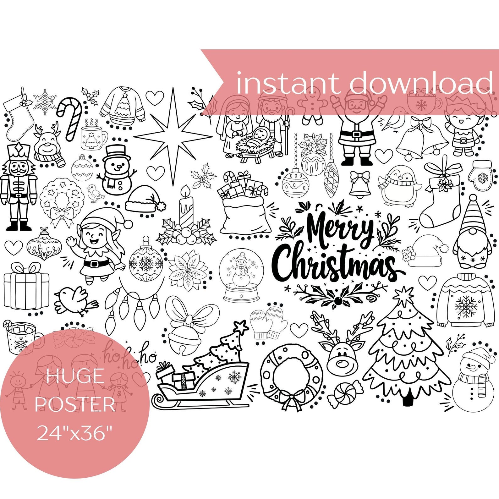 Huge Christmas Coloring Poster for Kids 24"x36" Digital File - Etsy