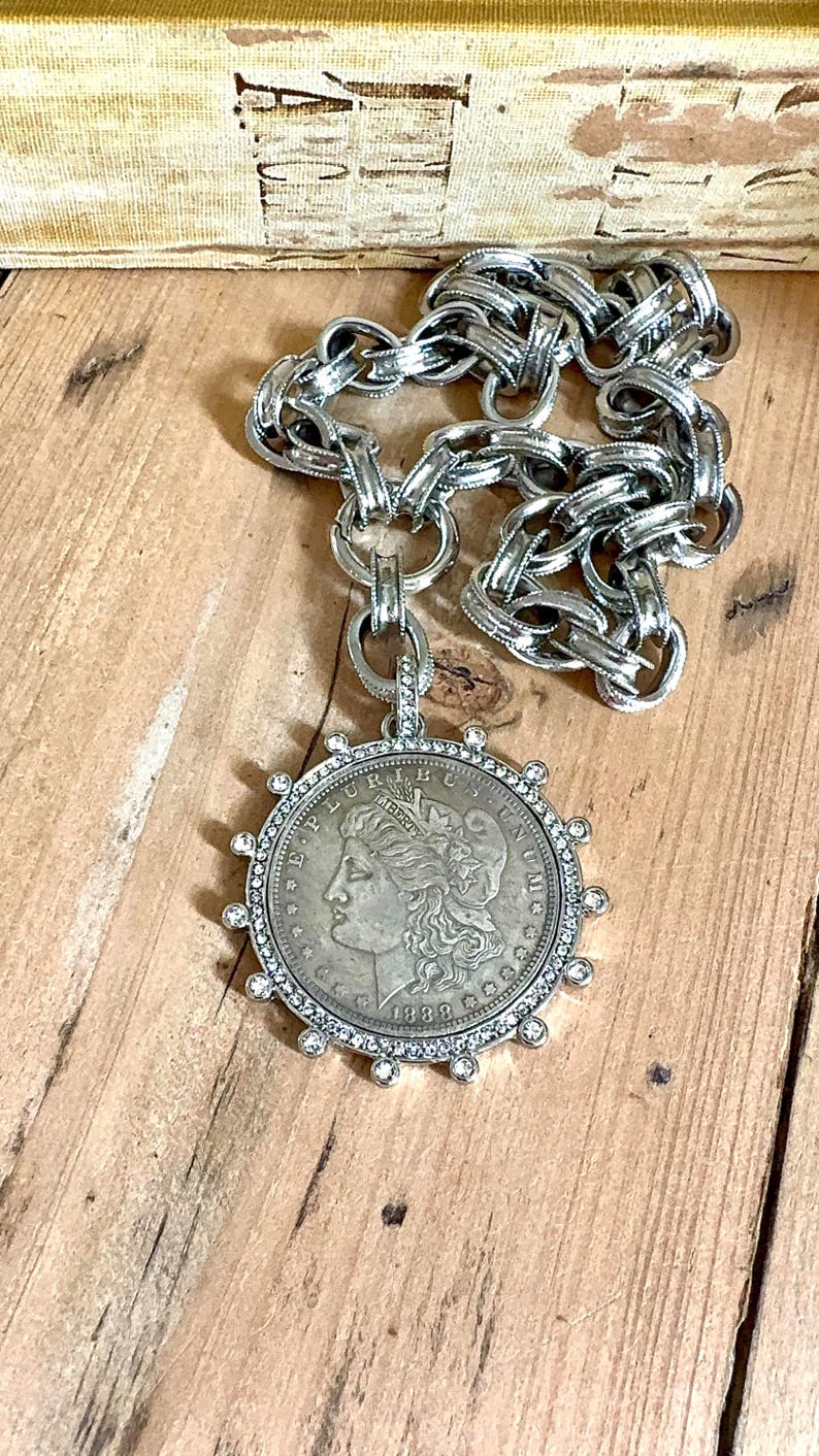 Vintage Morgan Silver Dollar Coin Necklace | Chunky Crystal Halo ...