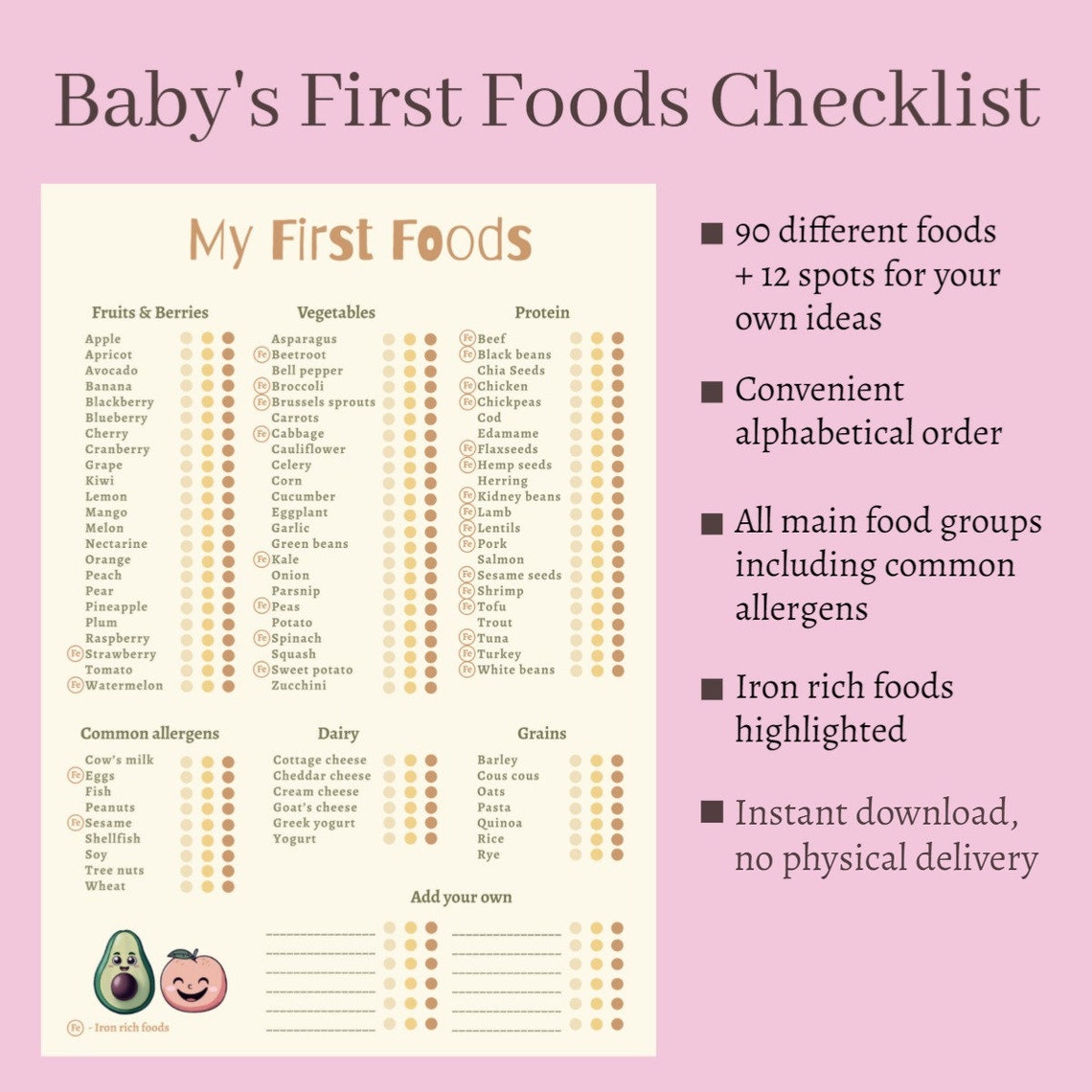 Baby's First Foods Checklist I Baby Food Printable Tracker I 90 Foods ...