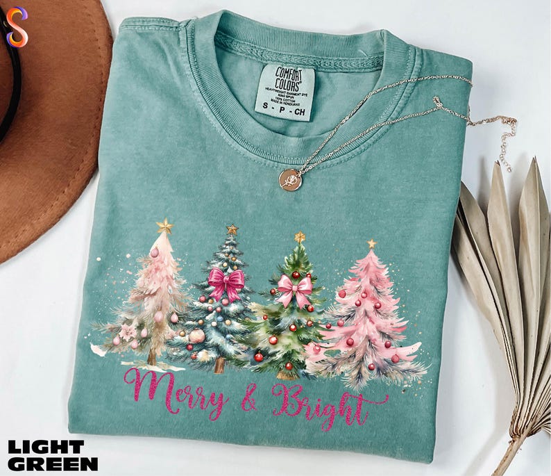 Merry & Bright Shirt, Christmas Tree Tee, Pink Holiday Sweatshirt, Cute ...