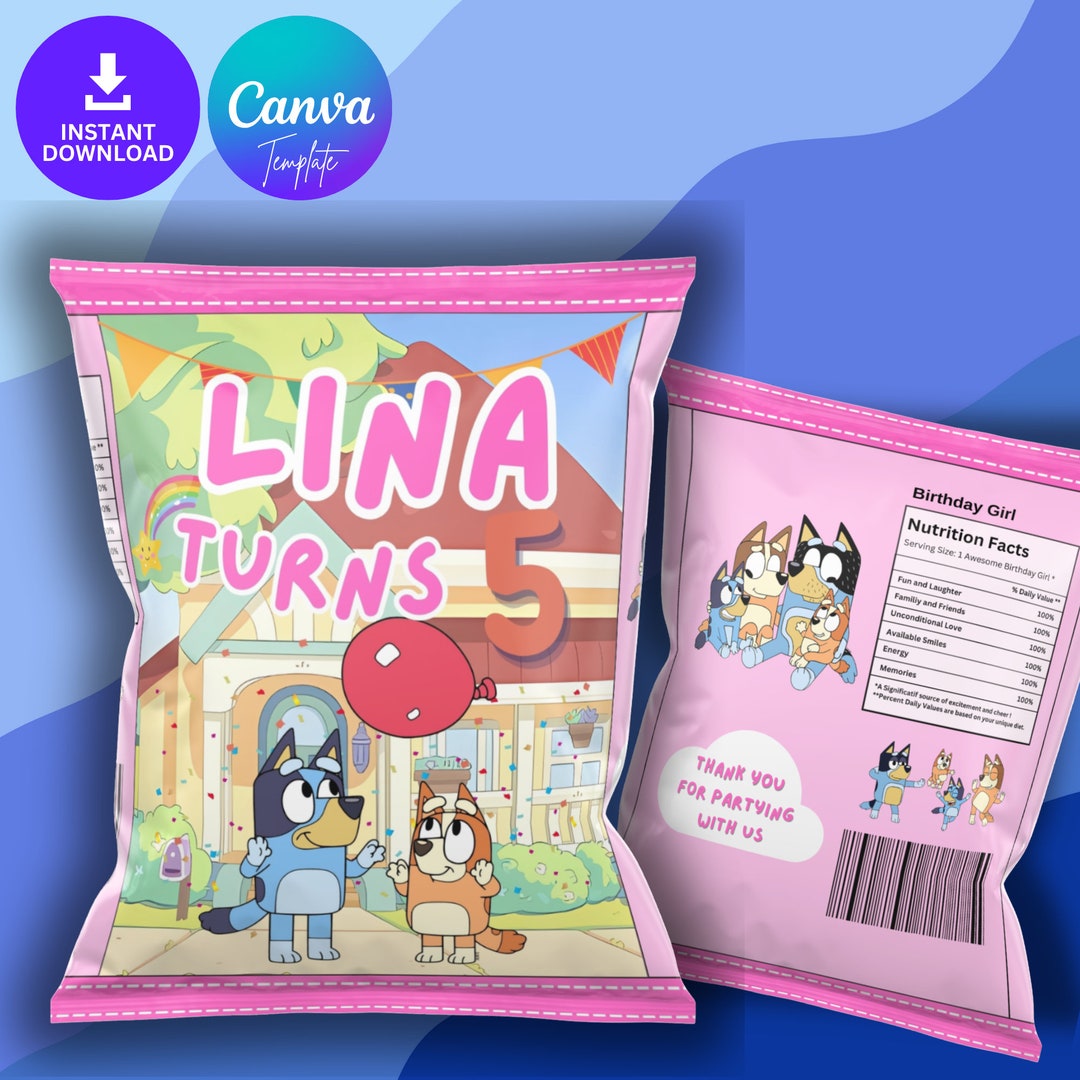 Editable Bluey Girl Chip Bag , Bluey Girl Birthday Printable, Bluey ...