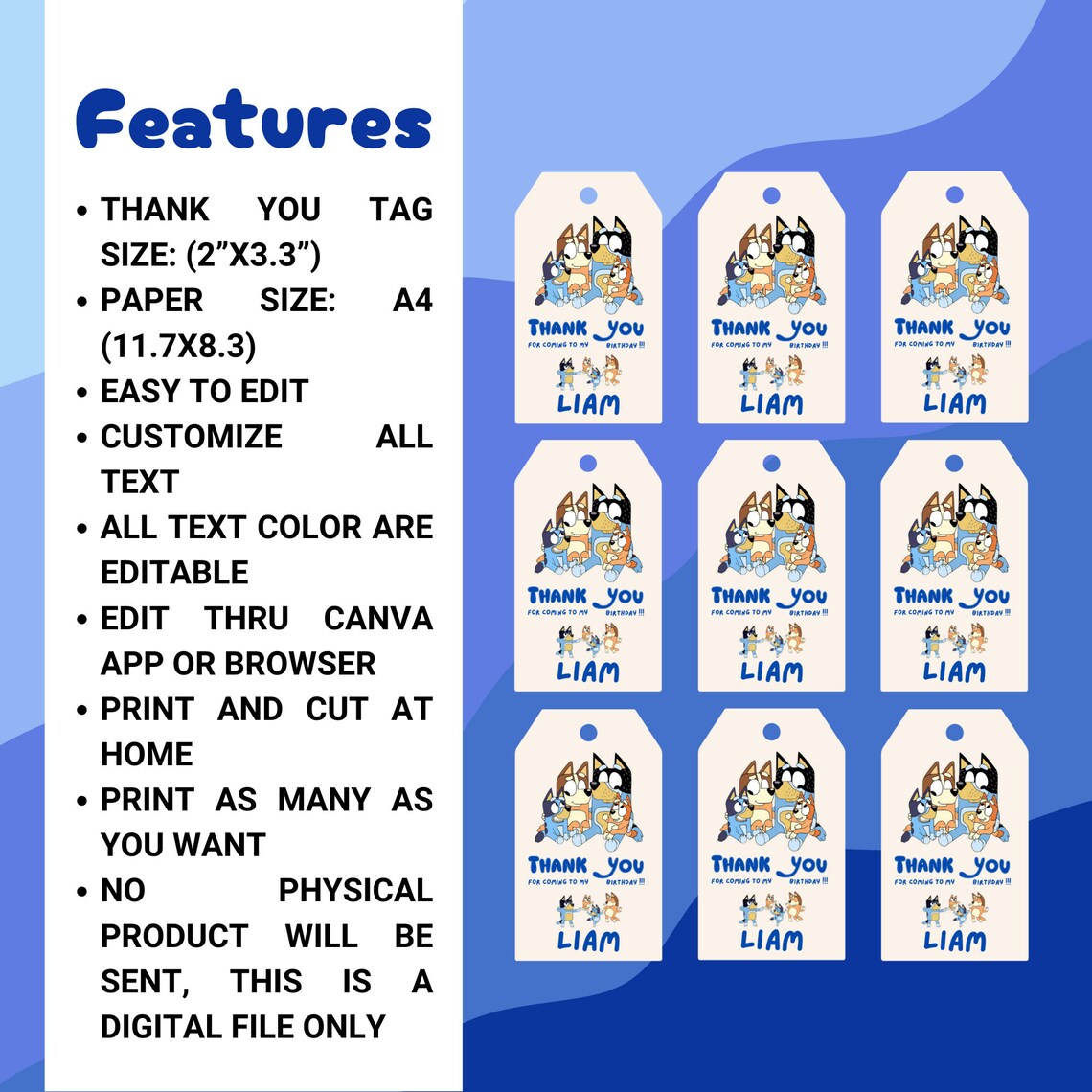 Editable Bluey Birthday Party Favor Tags, Bluey Thank You Tags, Bluey ...