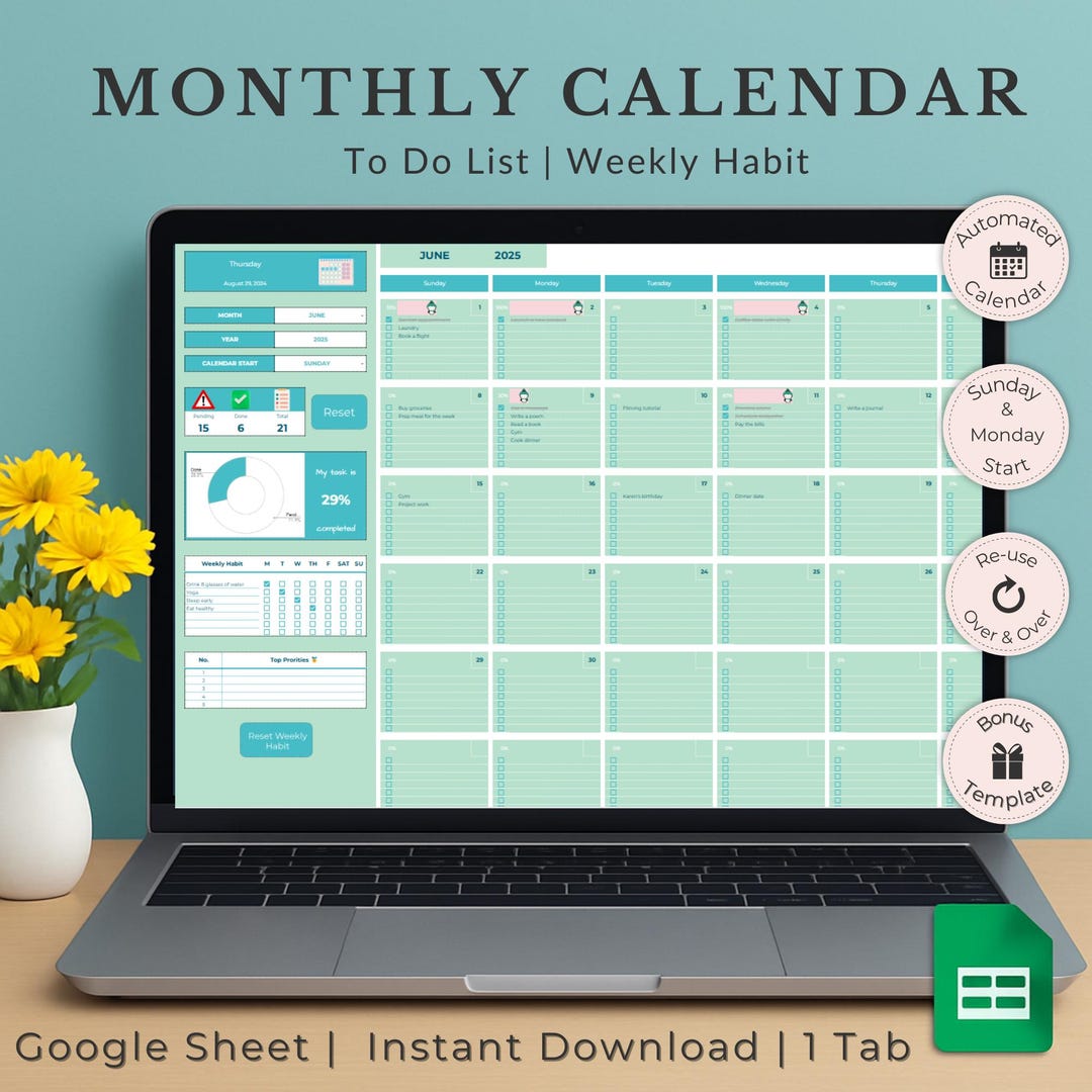 2025 Monthly Calendar Google Sheets | Task List, Weekly Habit (digital ...
