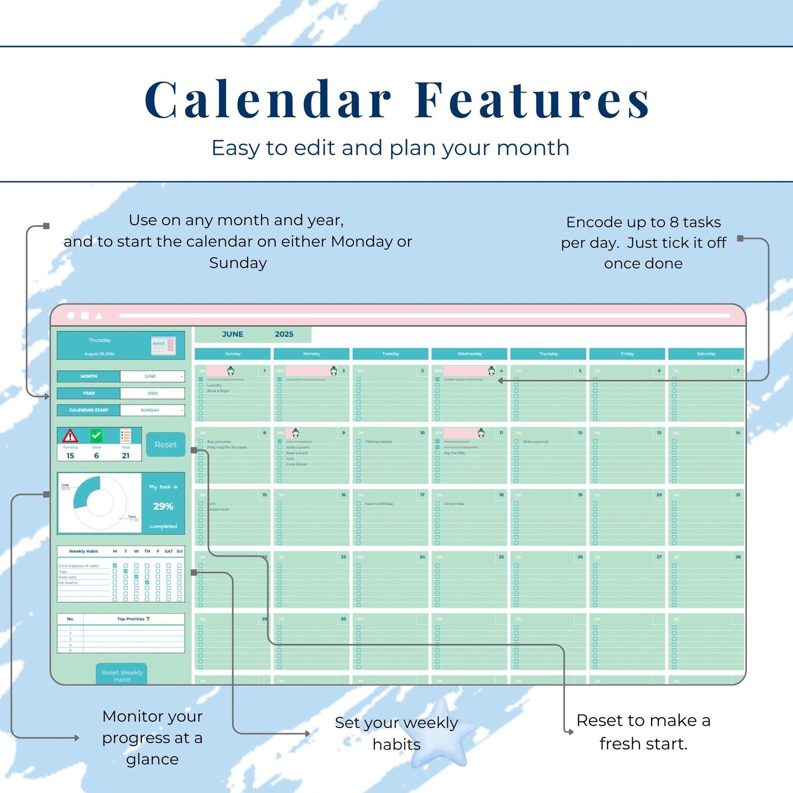 2025 Monthly Calendar Google Sheets | Task List, Weekly Habit (digital ...