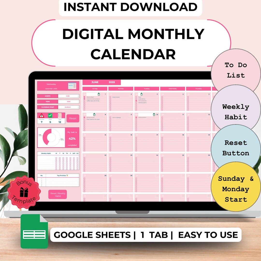 Google Sheet Digital Monthly Calendar Spreadsheet | Weekly & Daily ...
