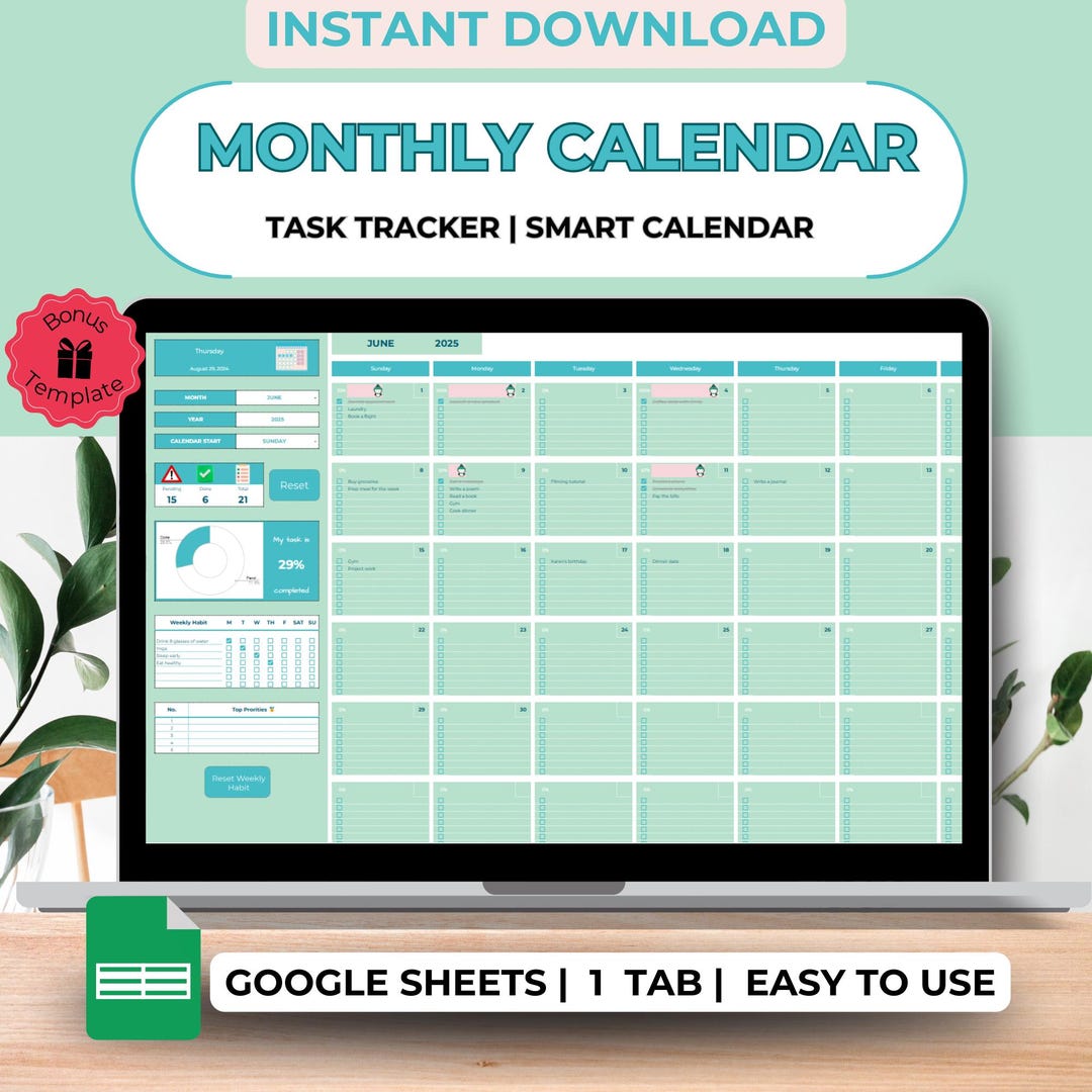 Digital Editable Calendar for Google Sheets 2025, Task Tracker ...