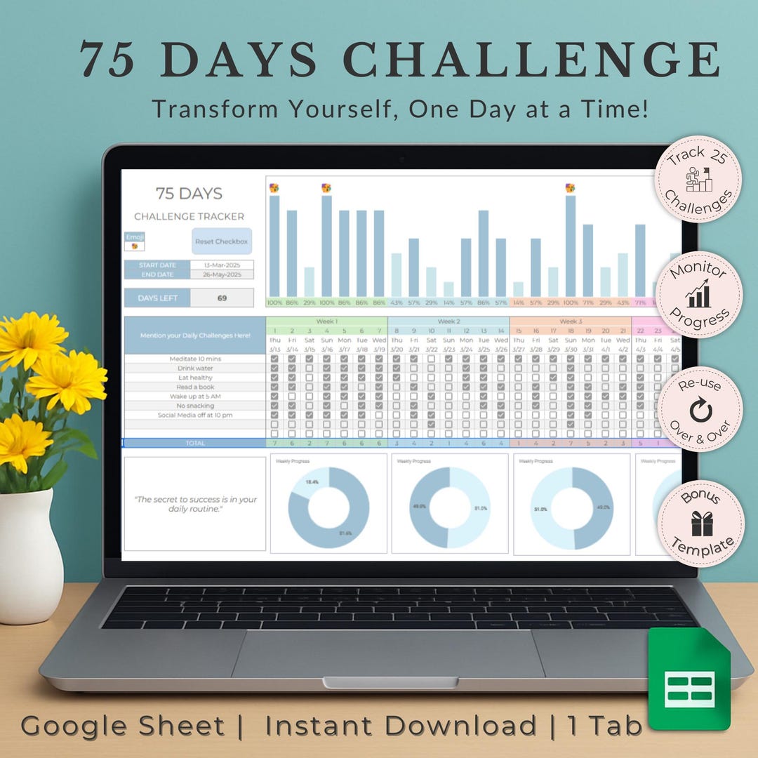 75 Day Challenge Tracker: Wellness & Habit Google Sheet (digital ...