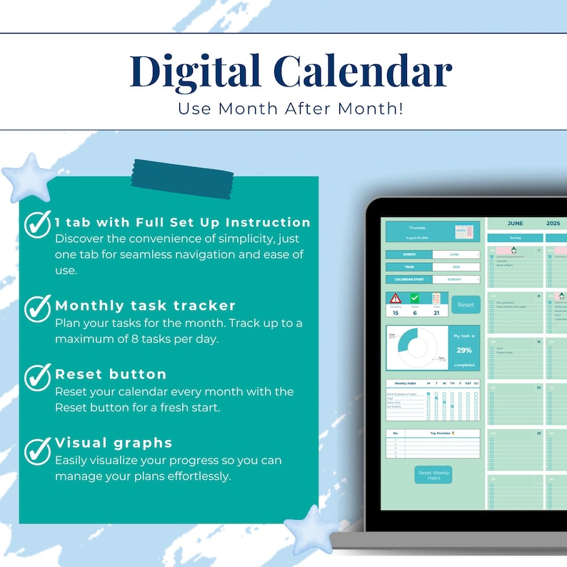 2025 Monthly Calendar Google Sheets | Task List, Weekly Habit (digital ...